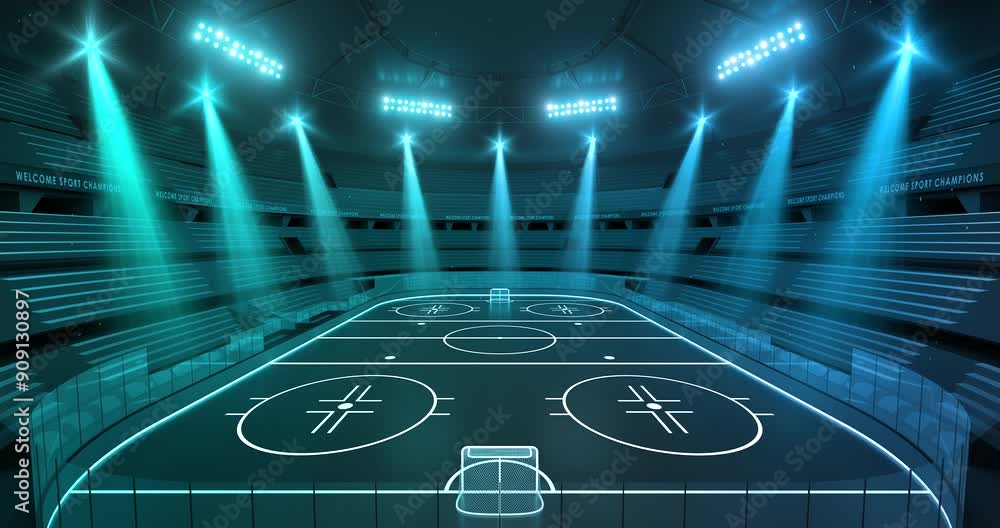 Futuristic ice hockey arena at night with shining spotlights and ...