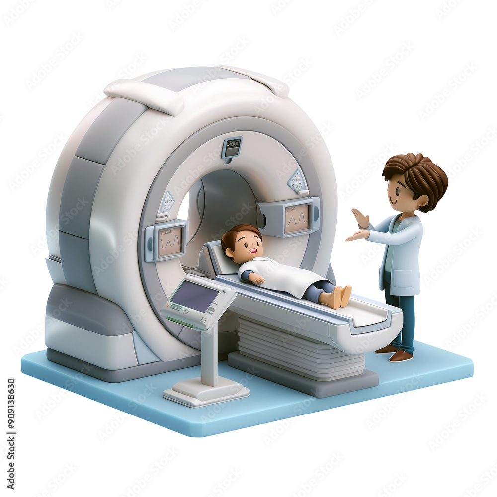 3D isometric rendering illustration doctor radiologist operating MRI ...