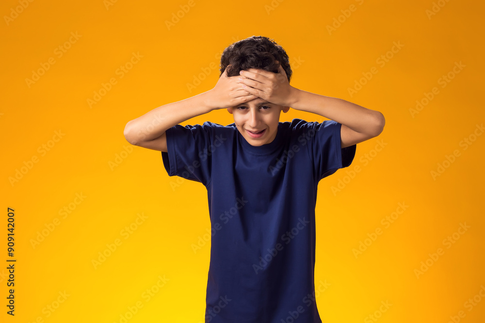 Stressed sad boy hands on temples, head spinning around, overwhelmed at ...