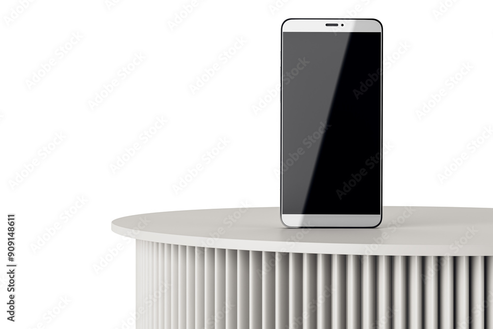 Sleek modern smartphone standing on a round podium with a white ...