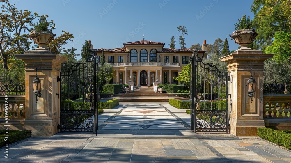 Elegant luxury mansion with grand entrance, wrought iron gates, and ...