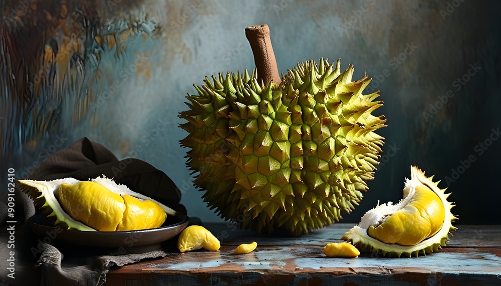 Complete durian fruit and cut durian pulp, with a simple background and ...
