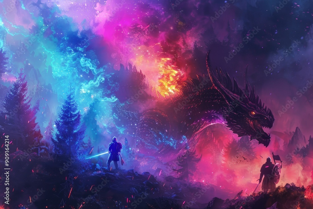 Epic fantasy scene with two figures facing a giant dragon amidst a ...