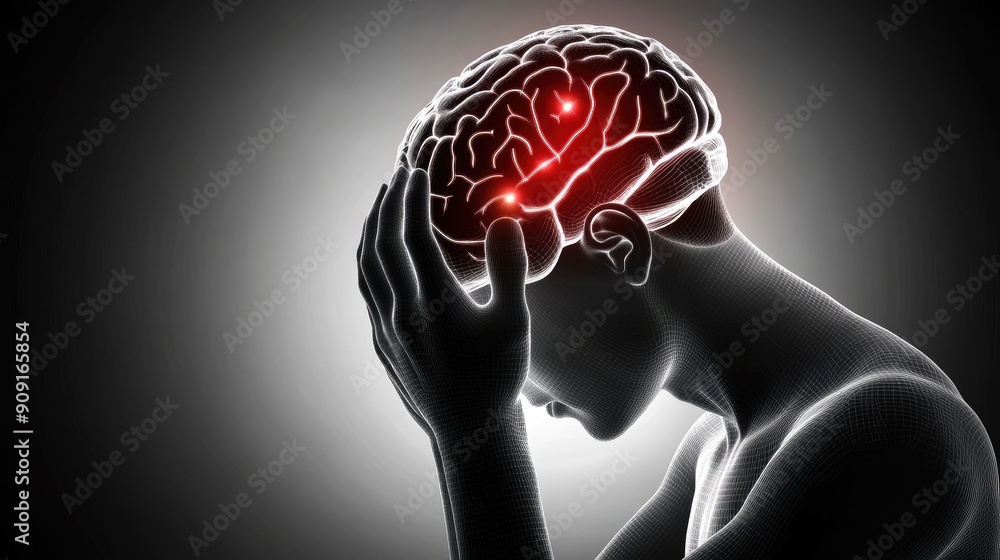 Conceptual image of a human brain highlighting mental activity and ...