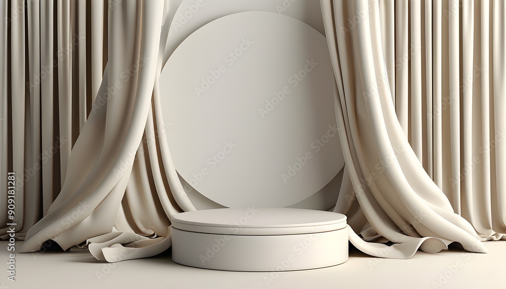The simple stage background, beige curtains and the round platform ...