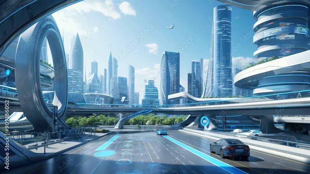 A futuristic city with autonomous vehicles navigating smoothly through ... A futuristic city with autonomous vehicles navigating smoothly through ...