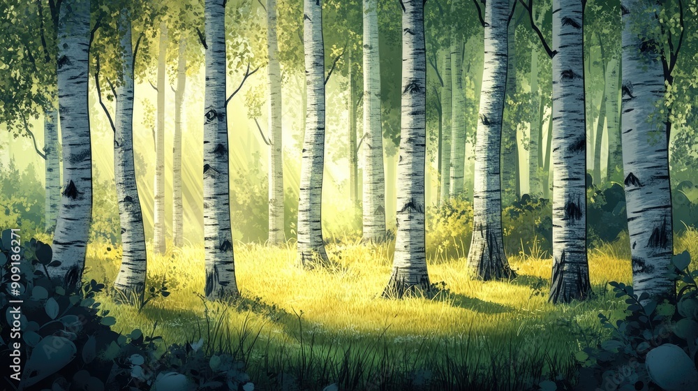 Artistic cartoon illustration of birch trees, set in a lush, animated ...