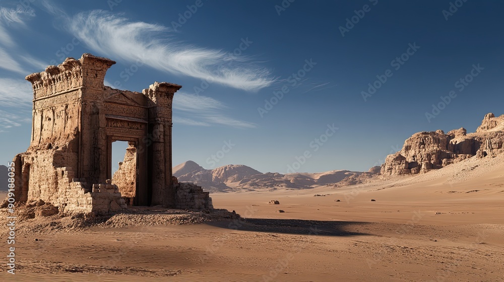 An ancient, weathered stone structure standing isolated in a vast ...