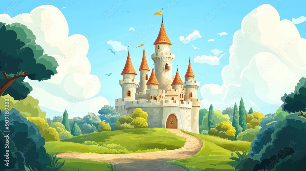 Artistic vector illustration of a castle, set in a magical cartoon ...