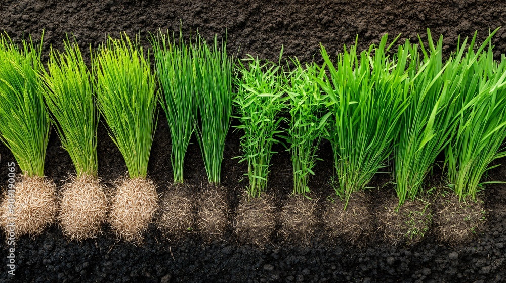 The cycle of planting and harvesting rice, showing the growth stages ...