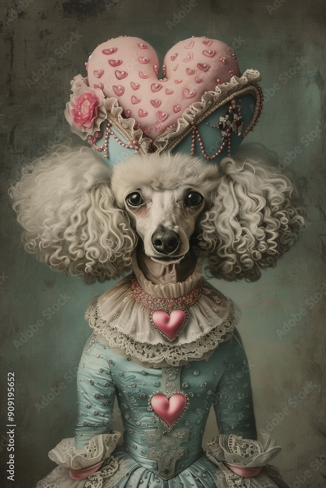 Old fashioned Renaissance portrait of a beautiful poodle in a pompous ...
