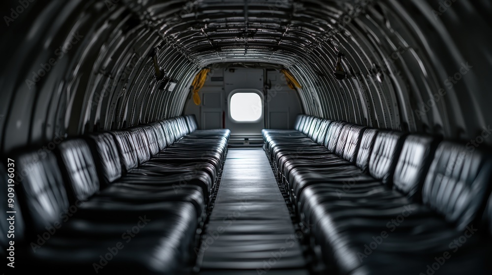 This image presents an interior view of a cargo plane with seats lined ...