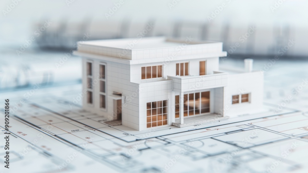A detailed model of a modern house sits on architectural blueprints ...