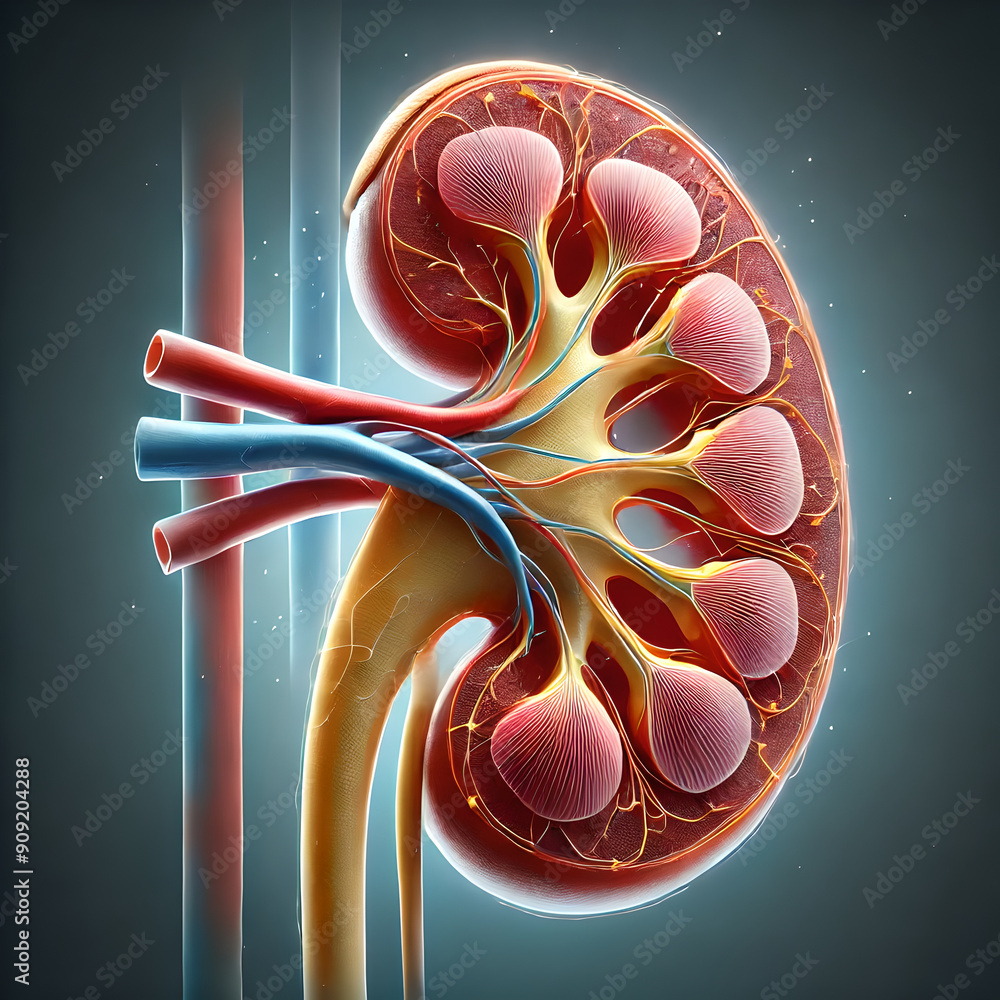 3D model of a human kidney, showing the detailed internal anatomy ...