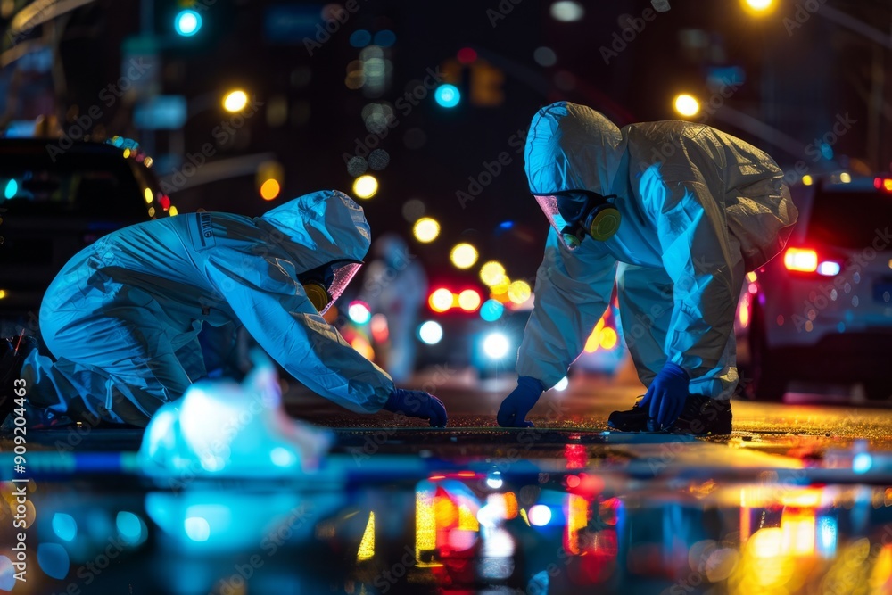 Night city scene with forensic investigators in protective suits ...