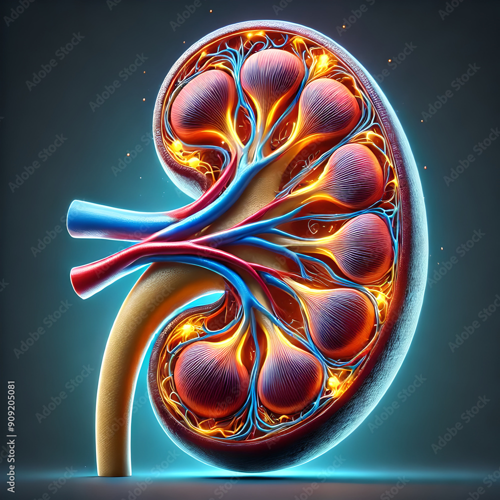 3D model of a human kidney, showing the detailed internal anatomy ...