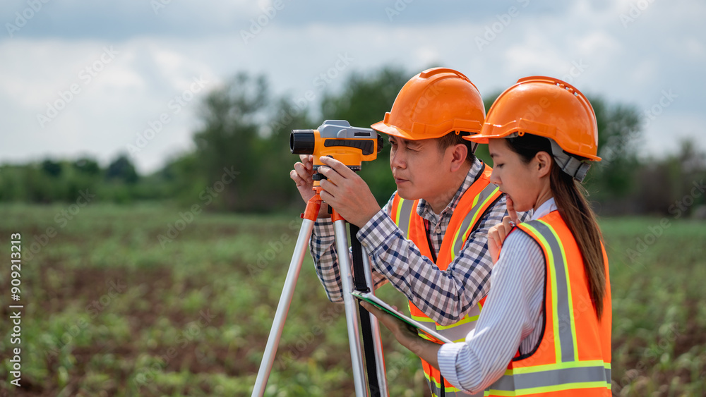Survey team is working with a theodolite and road construction plans ...