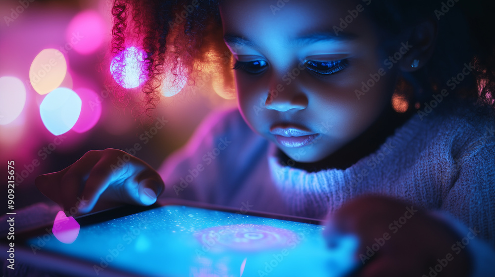 Young black child using smart tablet. Happy african american girl ...