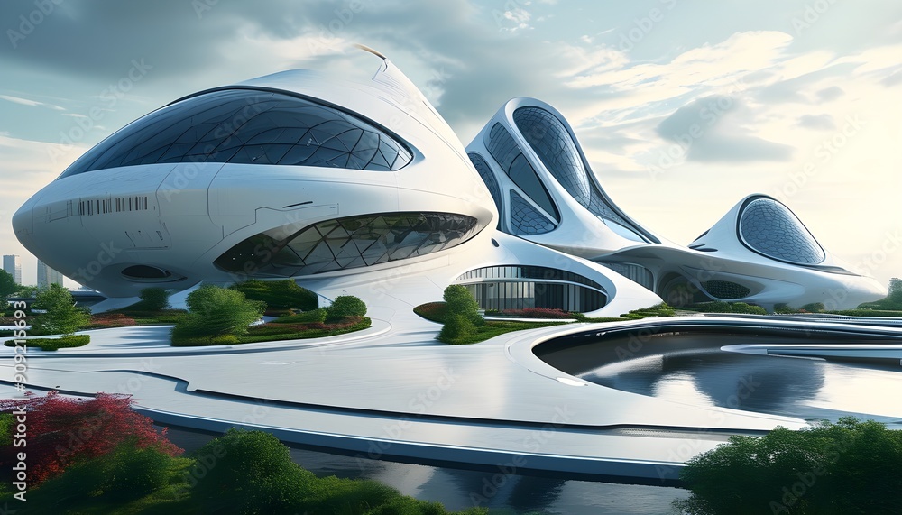 The futuristic building has a streamlined exterior, equipped with large ...