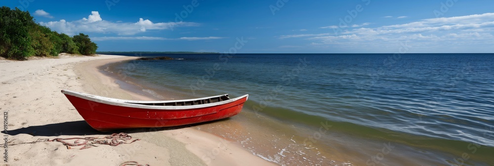 Red Boat on a Secluded Beach: A vibrant red boat rests on a pristine ...