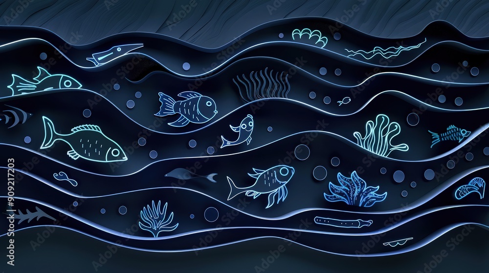 A night-time ocean scene with phosphorescent fish and other sea ...