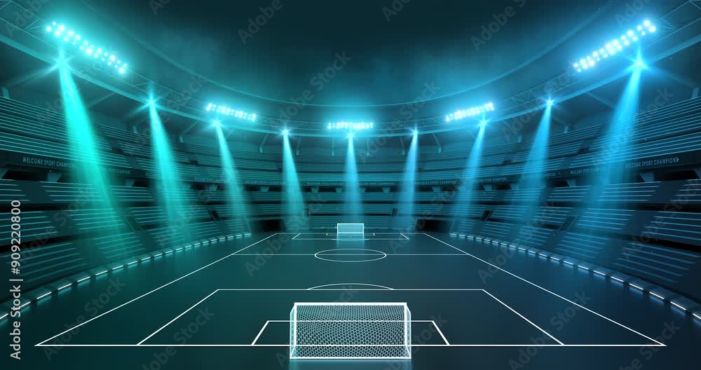 Futuristic football stadium at night with shining spotlights and ...