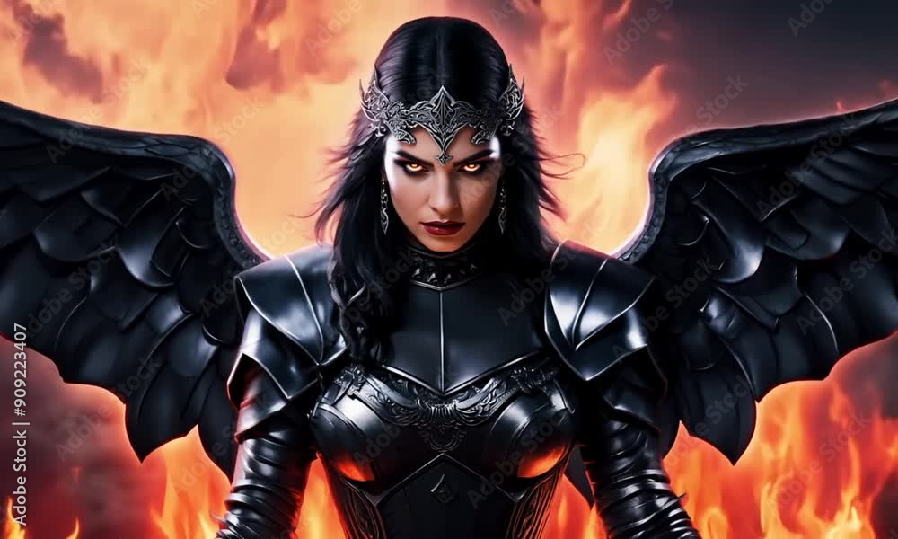 A Fantasy female dark angel with black wings and platinum armor looks ...