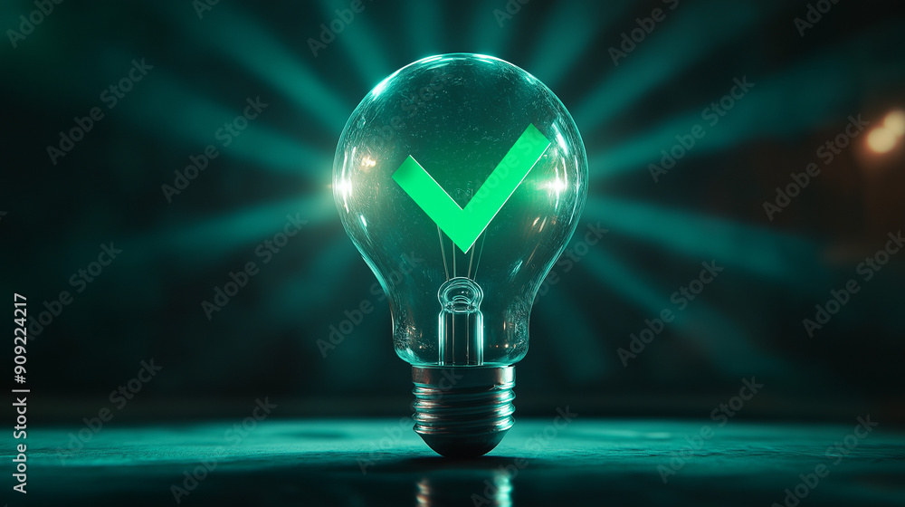 A light bulb with a green checkmark on it. The bulb is positioned ...