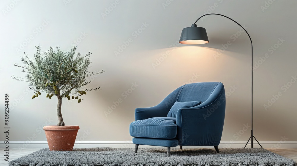 A stylish and serene reading nook with a deep blue armchair, an ...