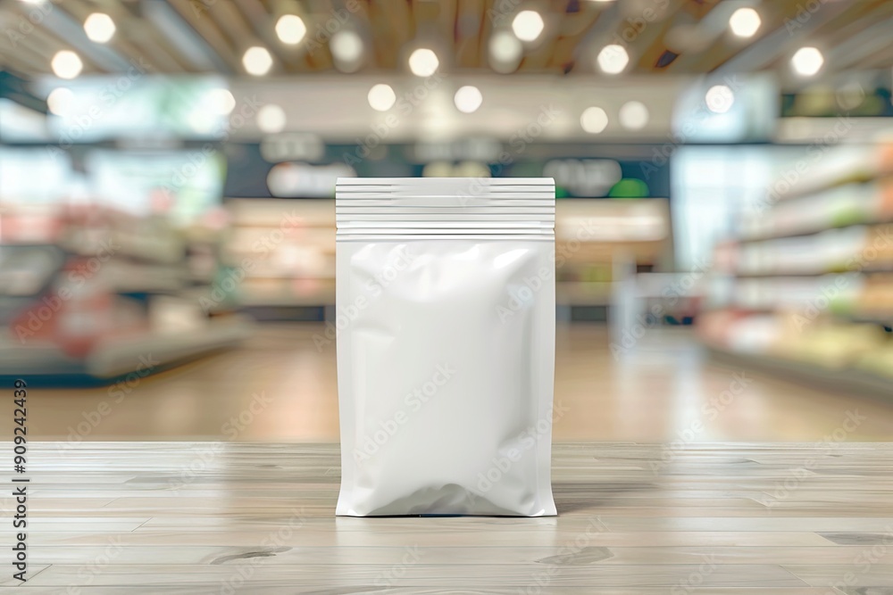 standing pouch for empty white products, on a plain table with blur ...