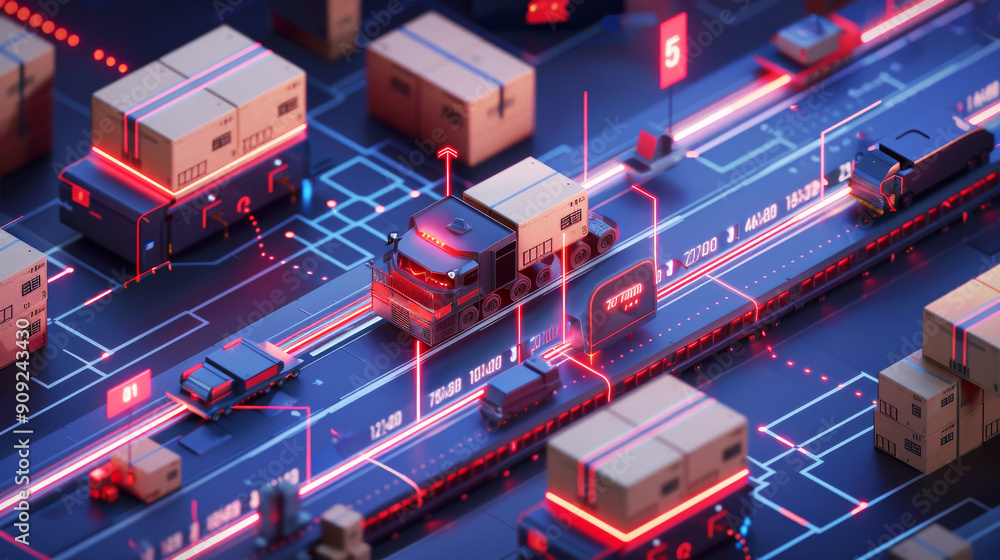 Futuristic illustration of a logistics system showcasing digital parcel ...