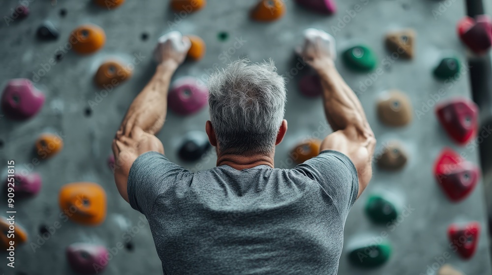A man scaling an indoor rock climbing wall with brightly colored holds ...