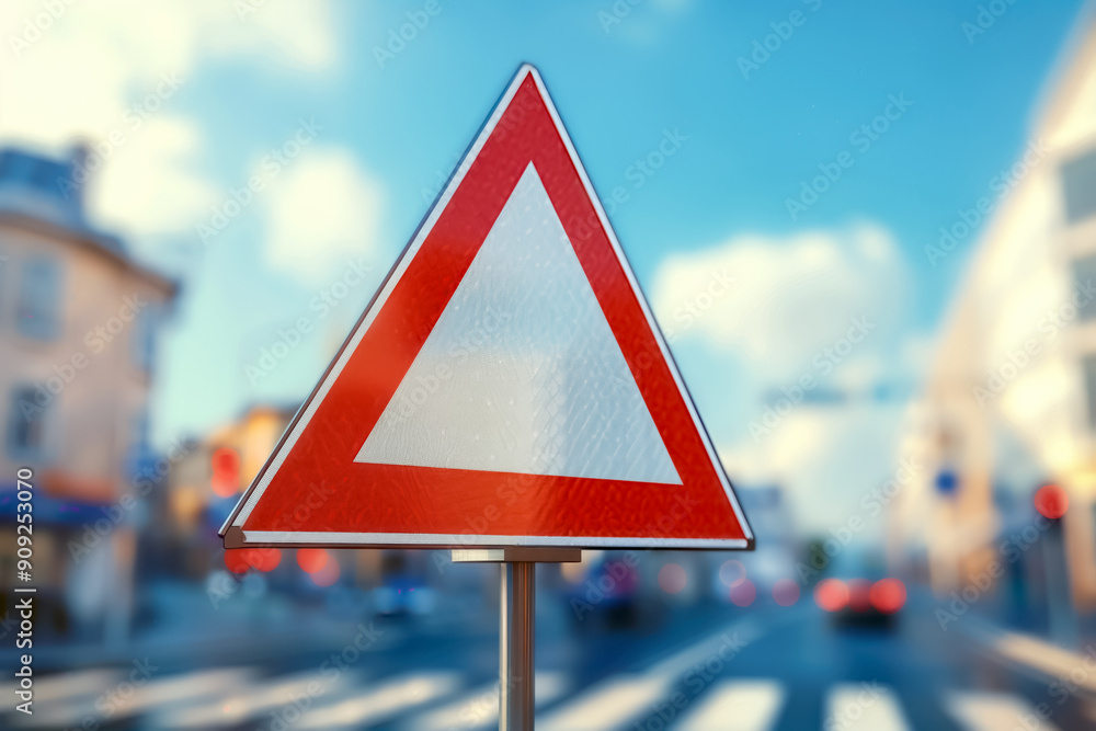 Close-up of red and white triangular traffic sign on city street, indicating yield or caution ...