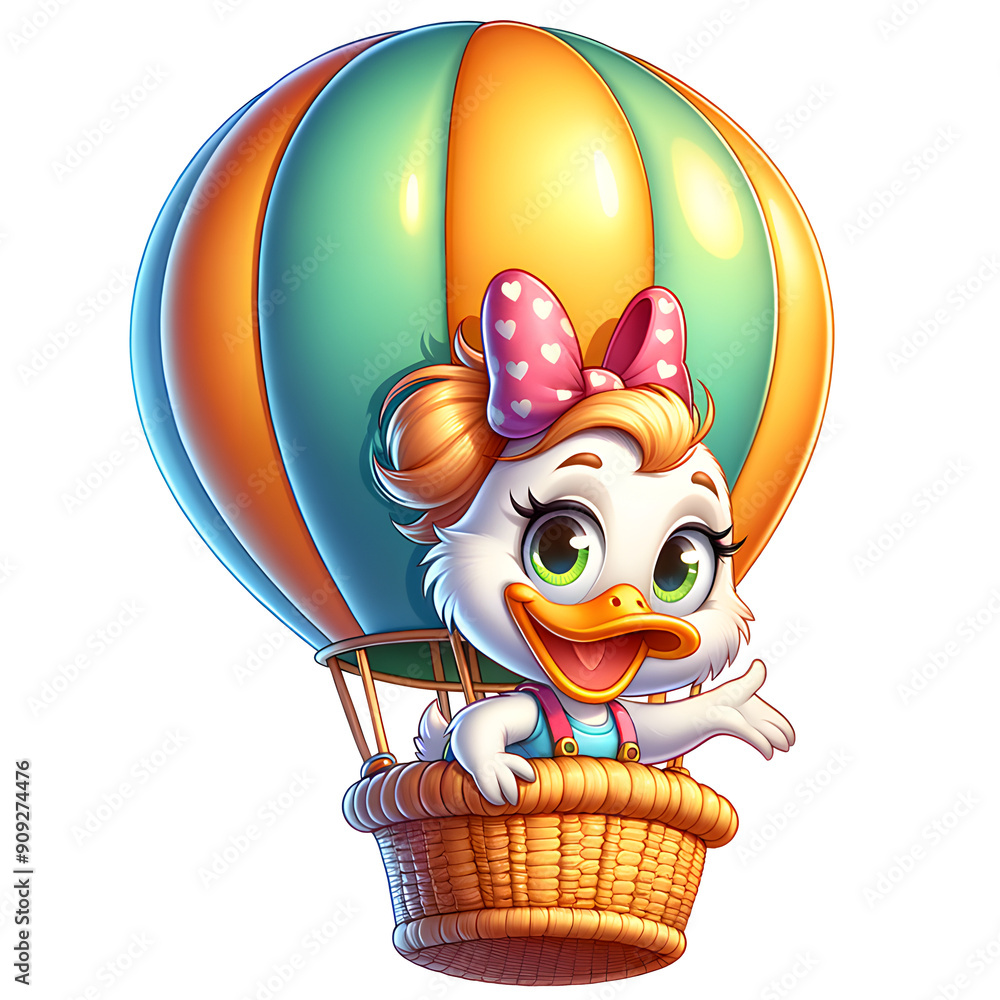 Cartoon illustration (PNG 300 dpi), Duck flying with hot air balloon ...
