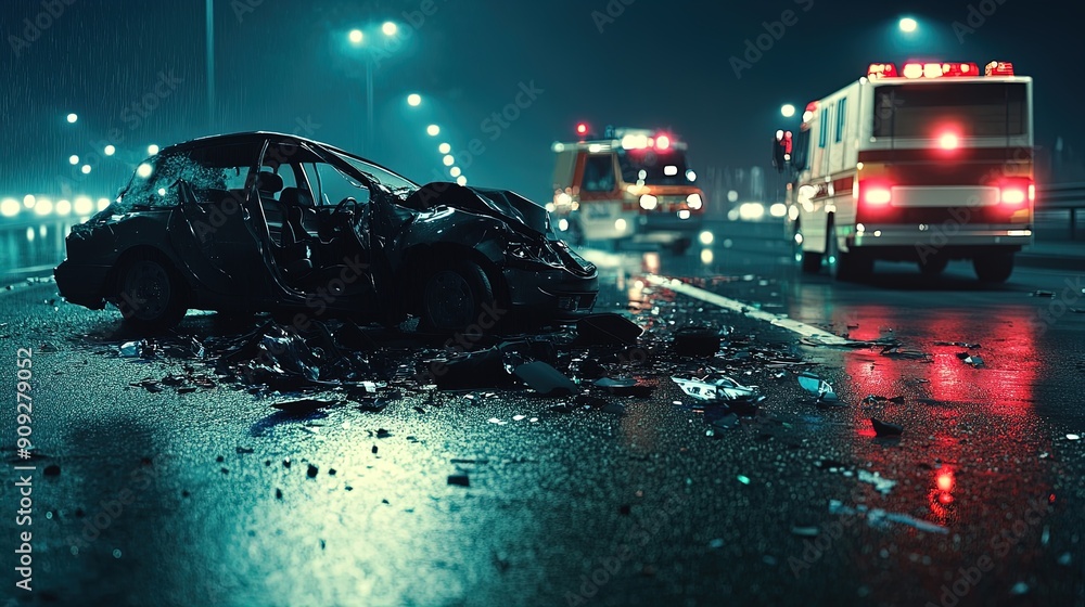 Car Accident on Highway at Night with Wrecked Vehicle and Emergency ...
