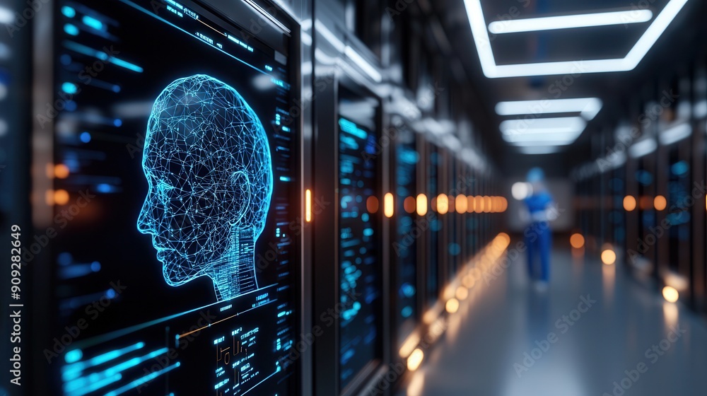 Data center with artificial intelligence head displaying digital ...