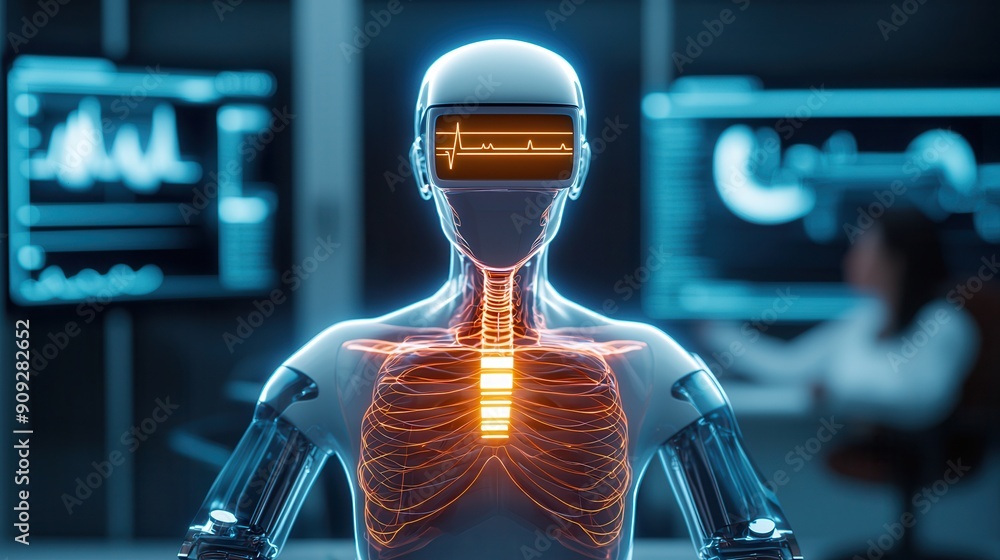 Futuristic medical robot with illuminated internal organs, highlighting ...