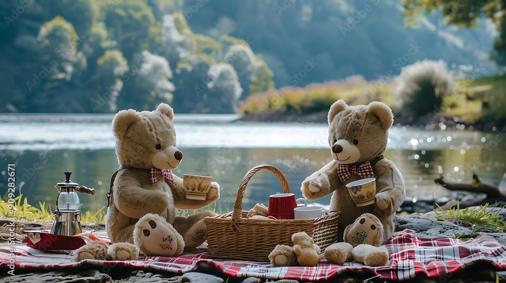 Teddy Bears picnic beside a lakeside setting teddy bear having tea and ...