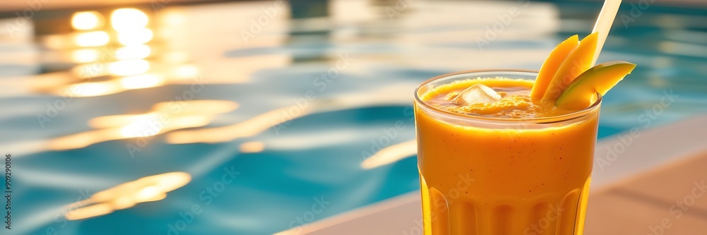 Welcome drink mango juice, swimming pool with blue water background ...