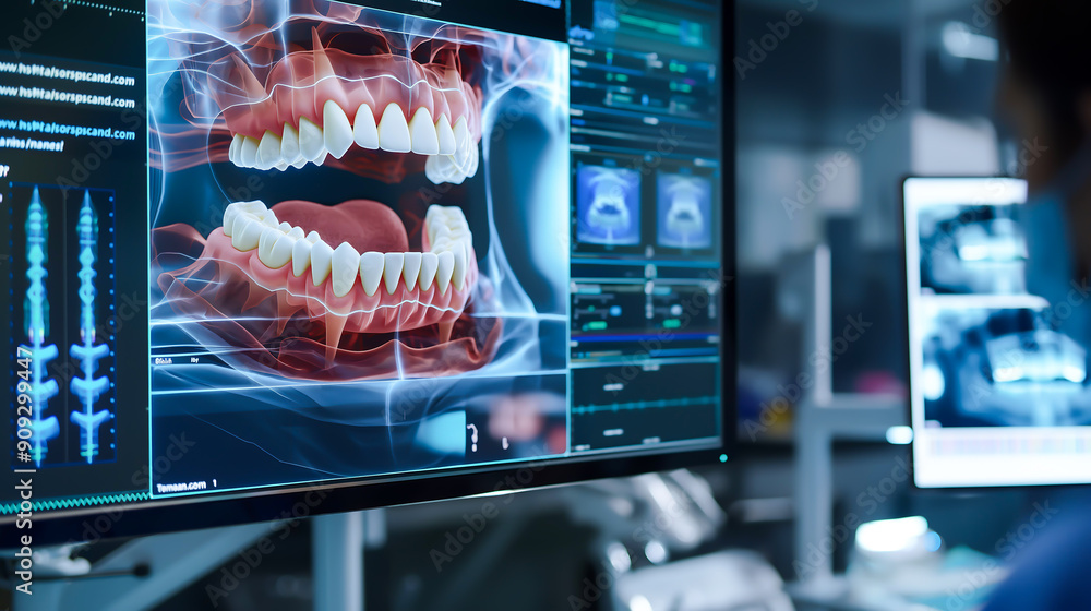 Multiple holographic displays show different angles and crosssections of a patients dental ...