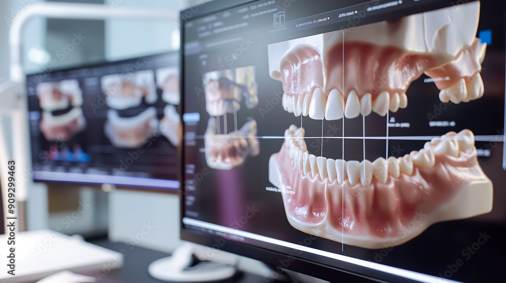 Multiple holographic displays show different angles and crosssections of a patients dental ...