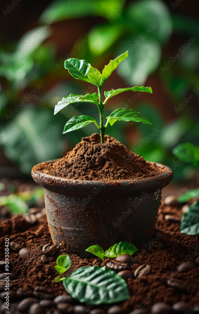 Coffee Plant Growing in Potting Soil With Coffee Beans Background. A ...