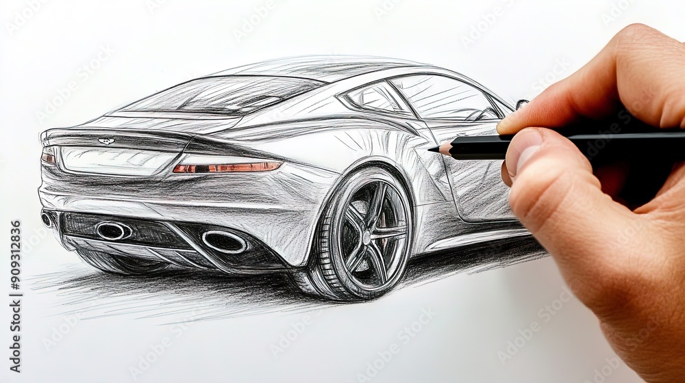 Hand Sketching a Detailed Drawing of a Sports Car with Black Pencil ...