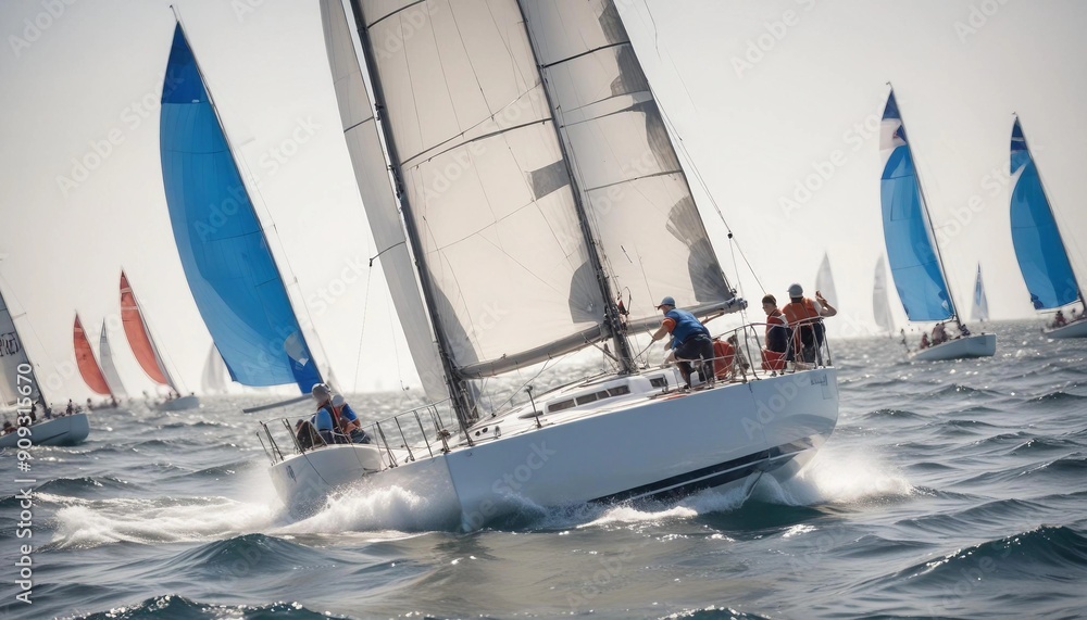 Bright sunlight illuminates a sailboat racing across the churning sea ...