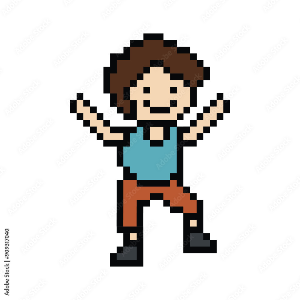 Cute pixel cartoon 8bit character man exercises training dance ...