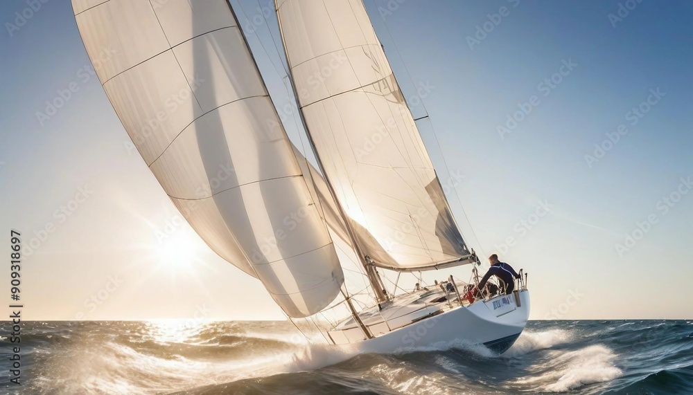 Bright sunlight illuminates a sailboat racing across the churning sea ...