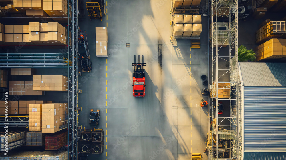 Top above aerial view of forklift truck in warehouse surrounded by ...