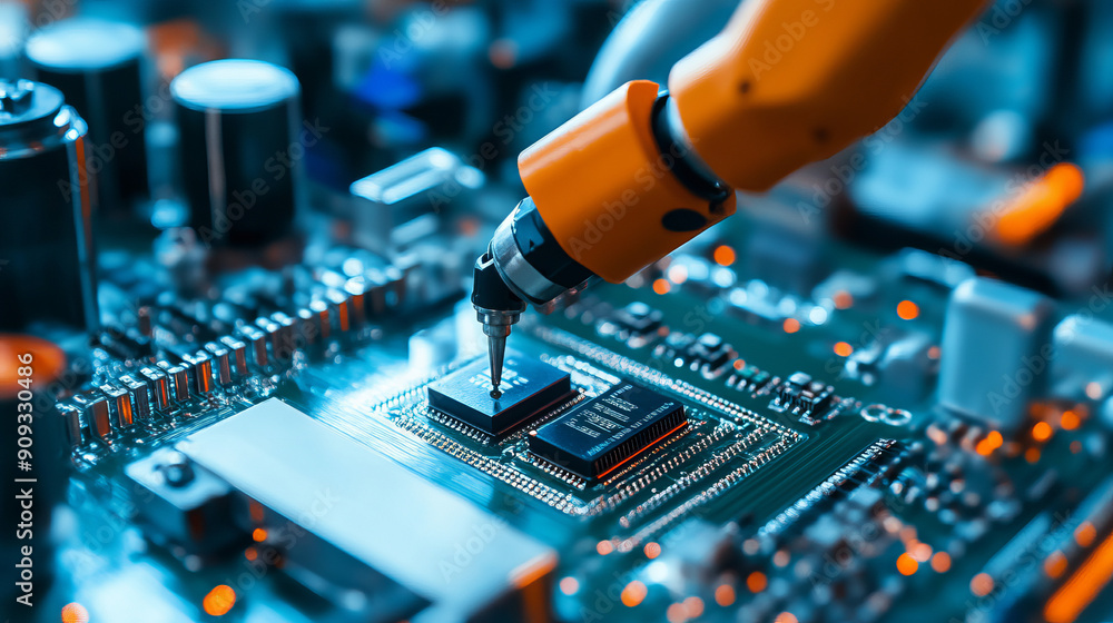 An advanced high-precision robot arm inside a bright electronics ...