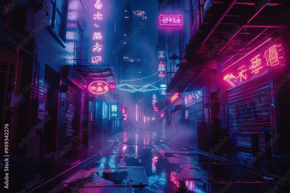 cyberpunk alley at night neon signs reflecting on wet pavement fog ...