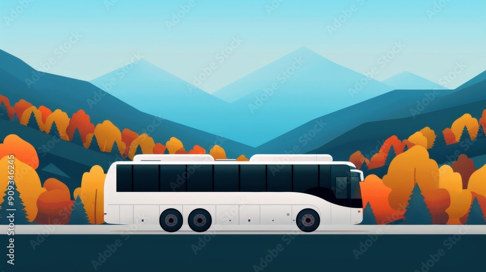 A modern tourist bus with large windows, traveling through a scenic ...